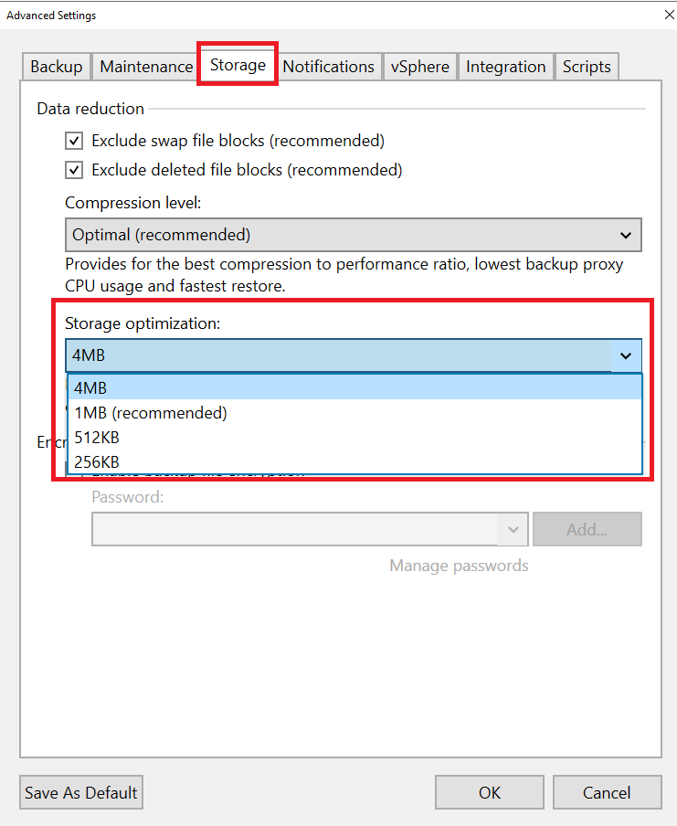 Change the Storage Optimization setting for Veeam Backup and Replication 12