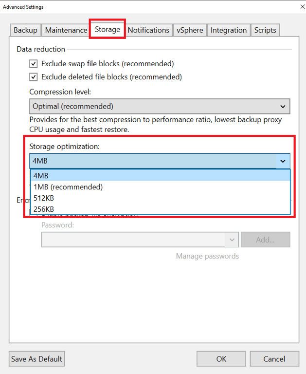 Change the Storage Optimization setting for Veeam Backup and Replication 12